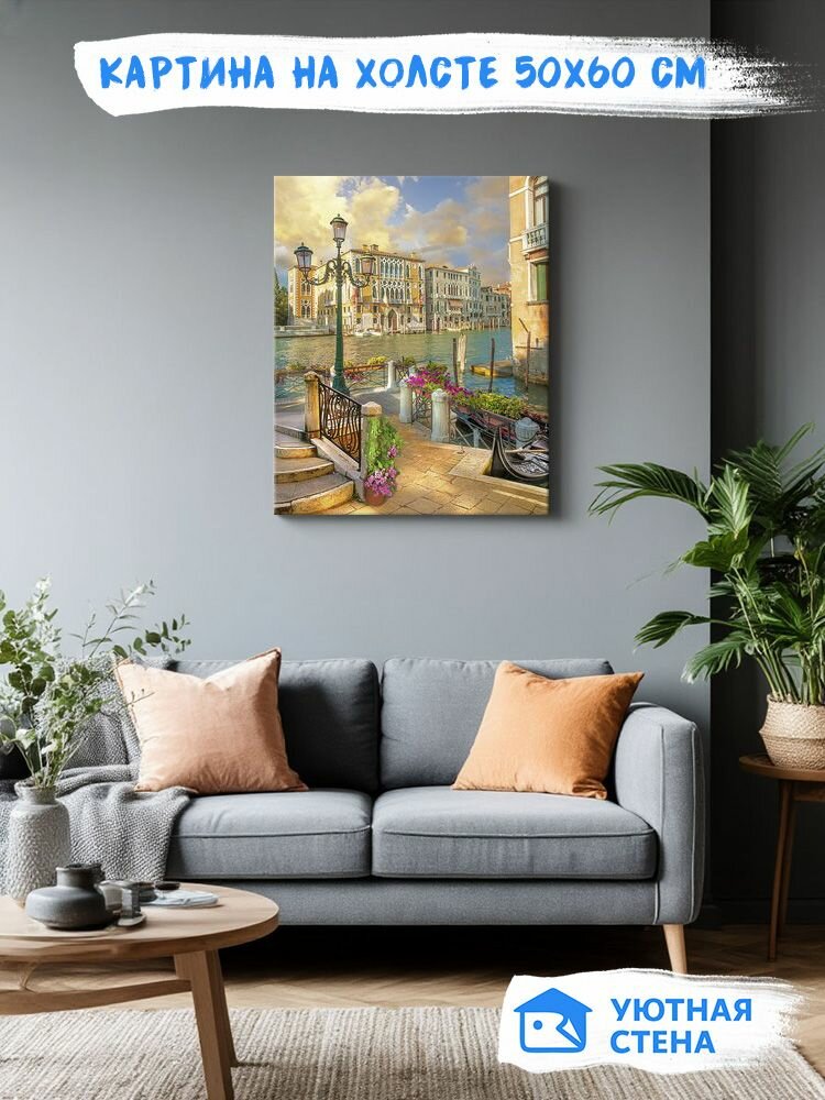 Картина на натуральном холсте Уютная стена "Набережная Венеции на закате" 50х60 см