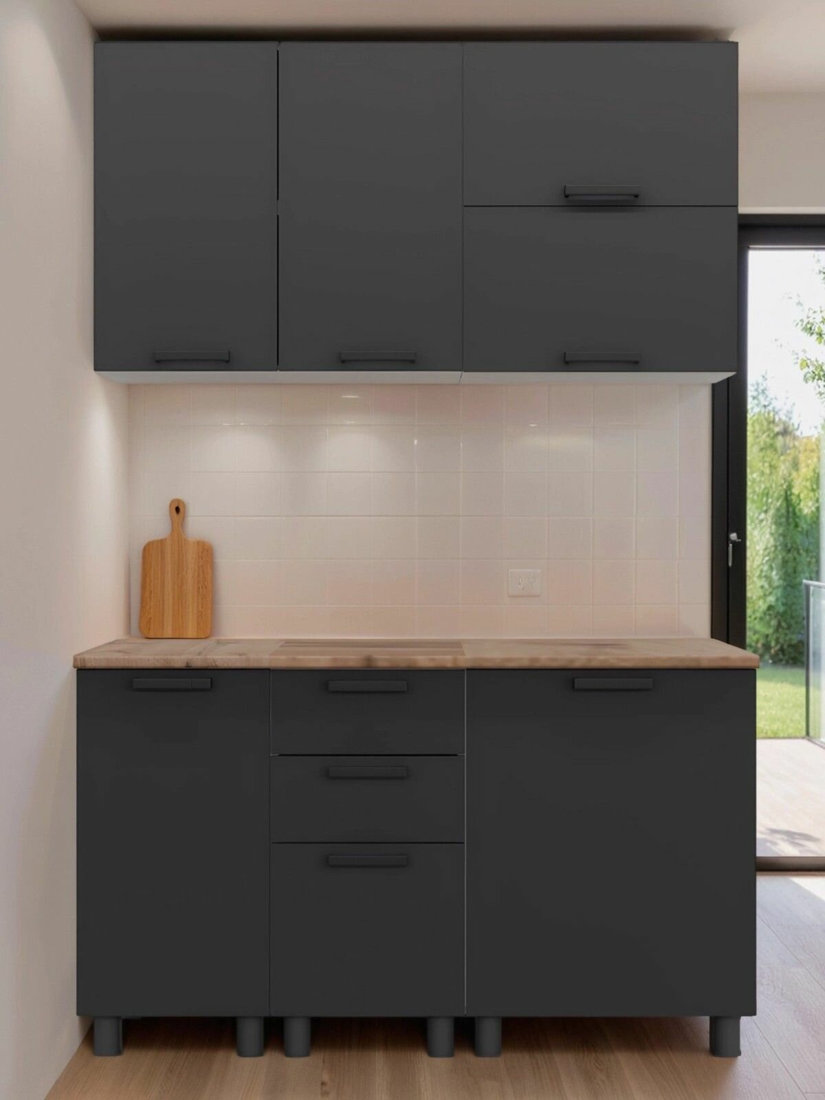 Кухонный гарнитур "Комфорт Эстетик", 1,4м, фасады МДФ, модульный, сталь/сонома