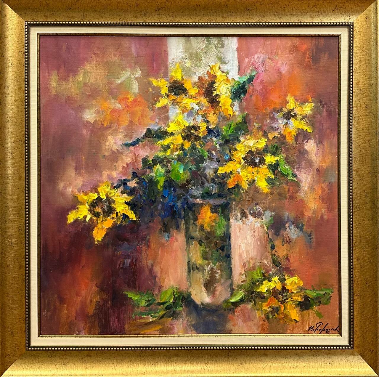 Картина маслом на холсте, цветы, спокойствие и умиротворение "Подсолнухи" 2, 60х60 см