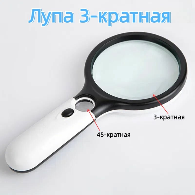 Лупа, ручная, бинокулярная, 3-кратное увеличение, 60 мм, с подсветкой, белая/черная
