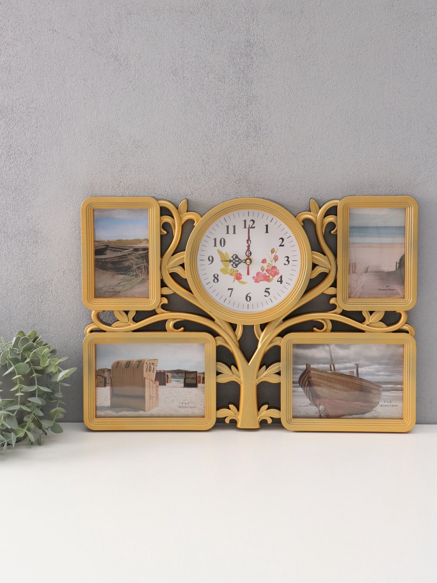 Фоторамка - коллаж на 4 фото с часами настенными «Семейное дерево», 48×33 см