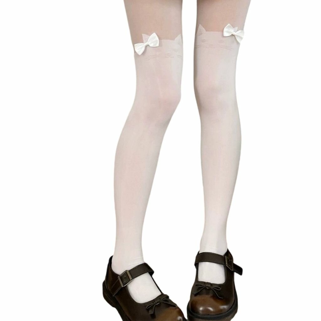 Универсальные чулки женские колготки с бантиком cat-белый