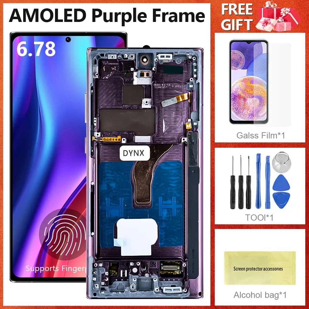100% протестированный ЖК-дисплей ЕС для Samsung Galaxy S22 Ultra 5G, дисплей S908E OLED Purple Frame