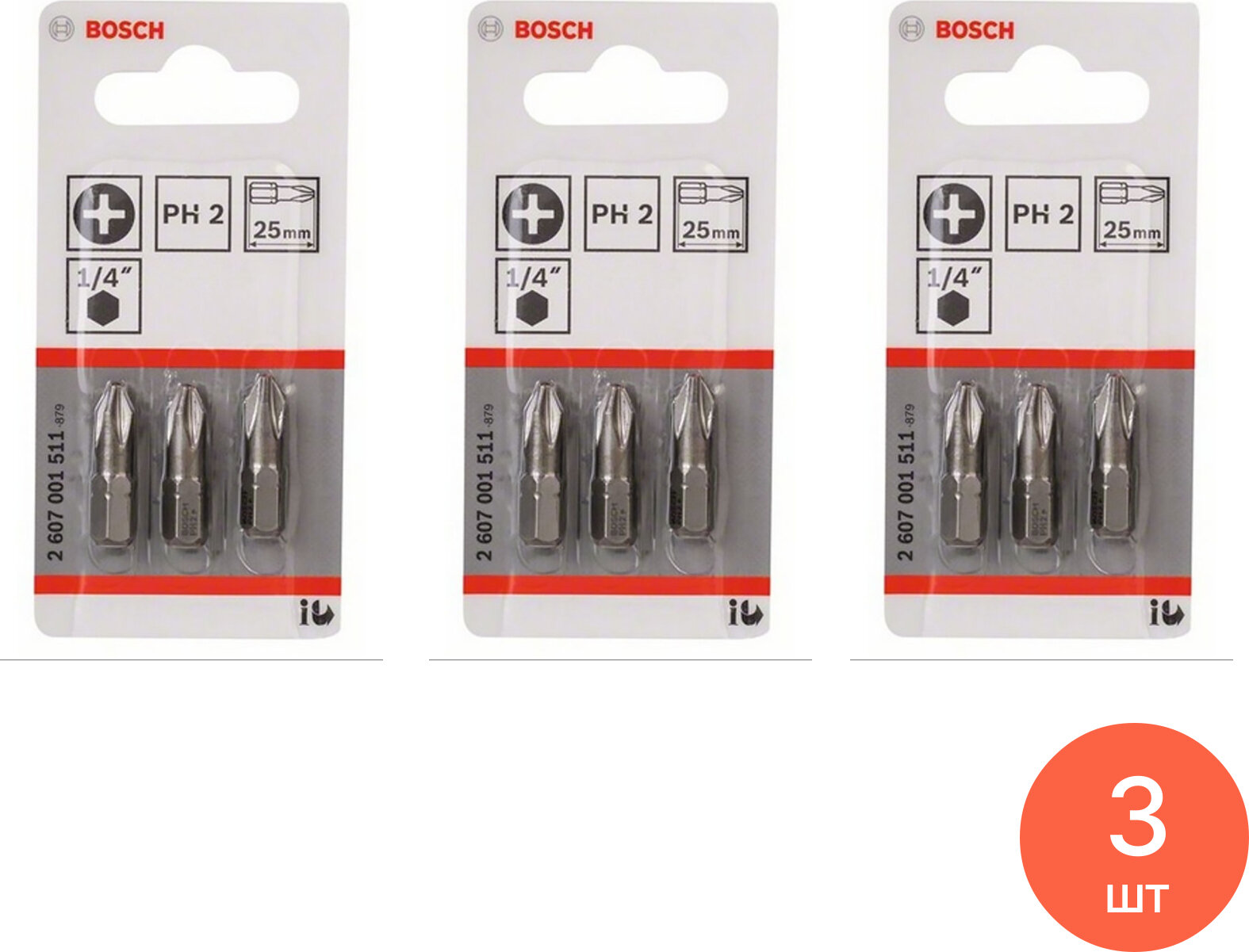 Набор бит для шуруповерта Bosch односторонние, из стали S2, наконечник PH2, длина 25мм, в упаковке 3шт. / инструменты (комплект из 3 шт)