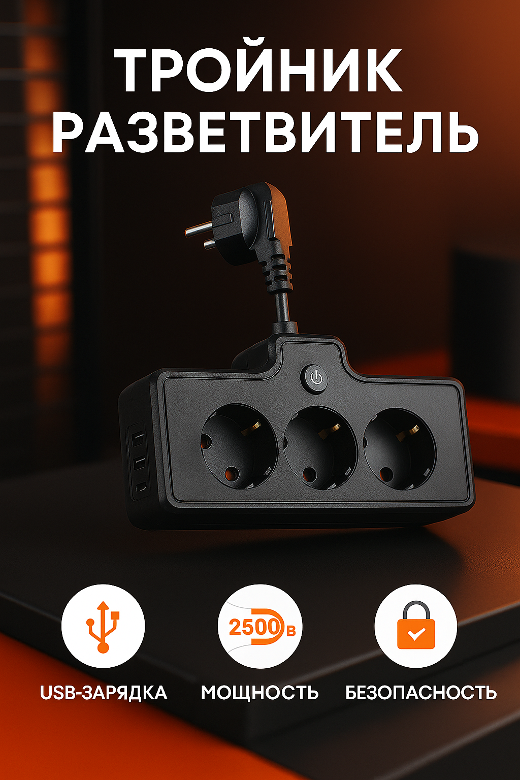 Тройник разветвитель, сетевой фильтр 3 розетки, 2 USB, 1 TYPE-C