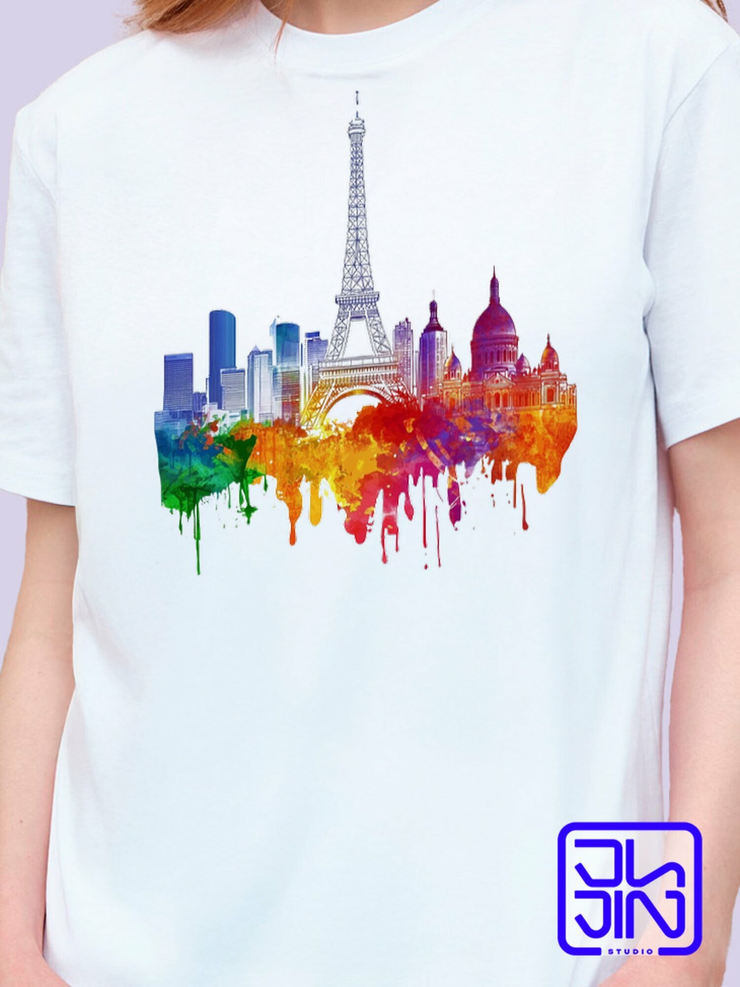 Футболка классическая женская с авторским принтом Разноцветное, абстрактное изображение города с эйфелевой башней в ярких тонах, белый хлопковый трикотаж с прикольным рисунком на груди