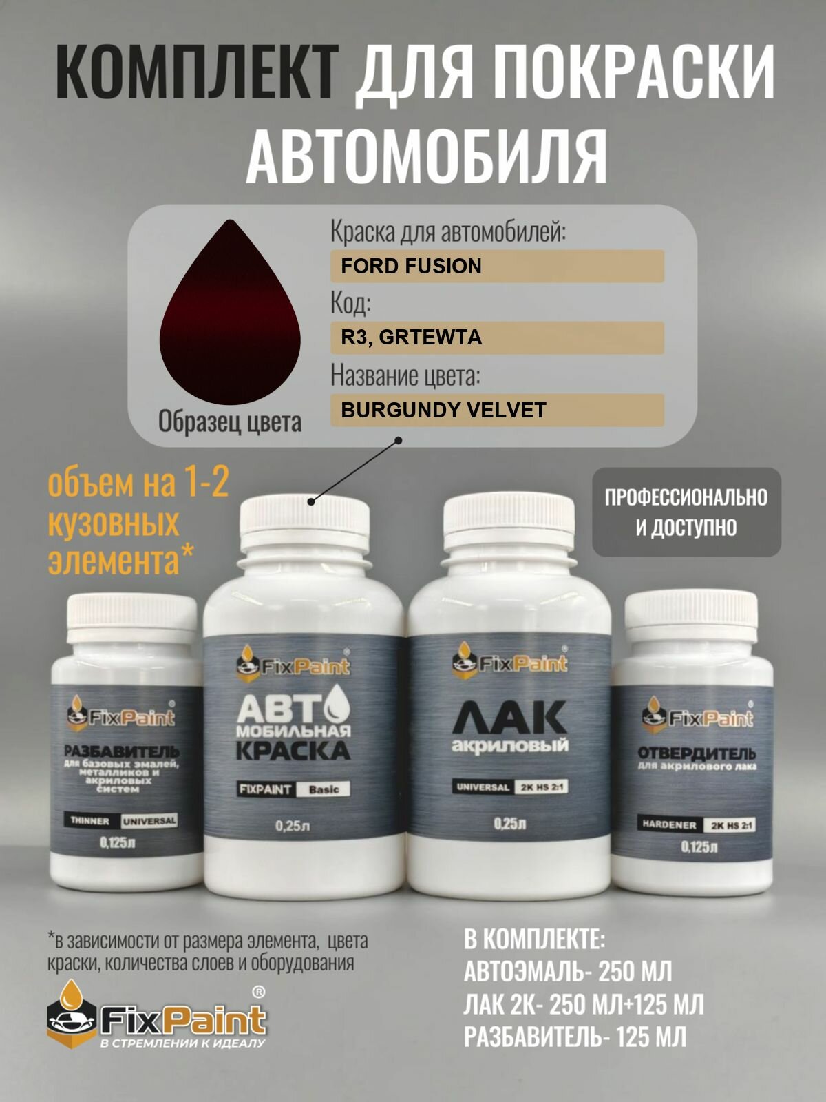 Комплект для покраски FORD FUSION, код R3, GRTEWTA, BURGUNDY VELVET, базовая автомобильная эмаль 250 мл, лак 2K 250 мл с отвердителем, разбавитель 125 мл, FixPaint Pro