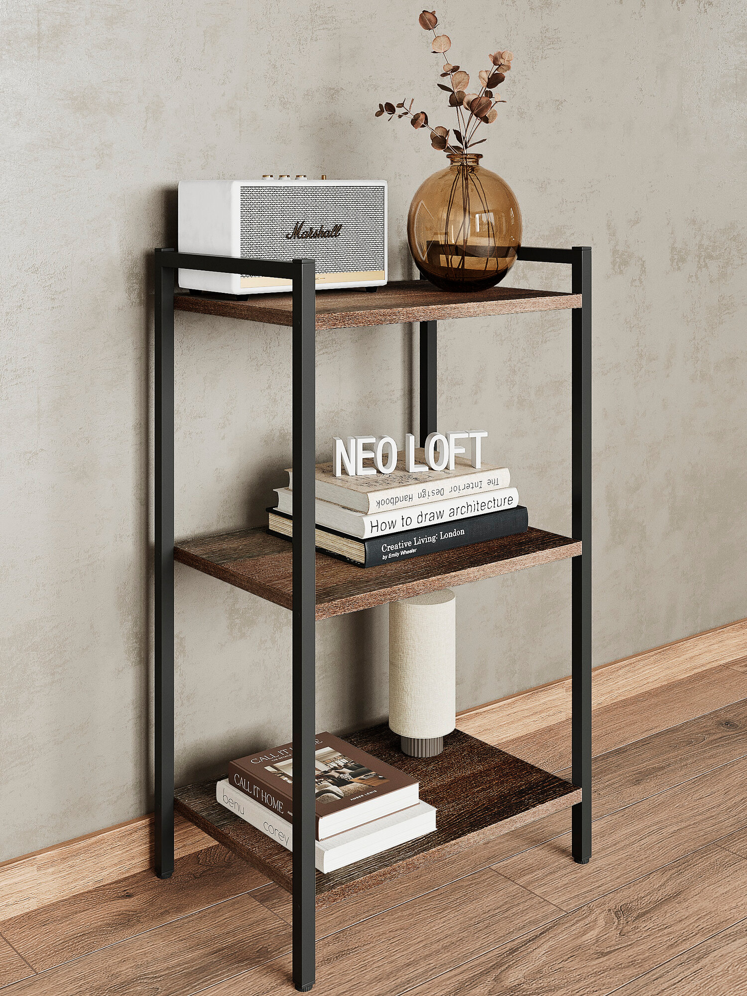 Стеллаж металлический напольный в стиле лофт, этажерка, 49х34х84 см