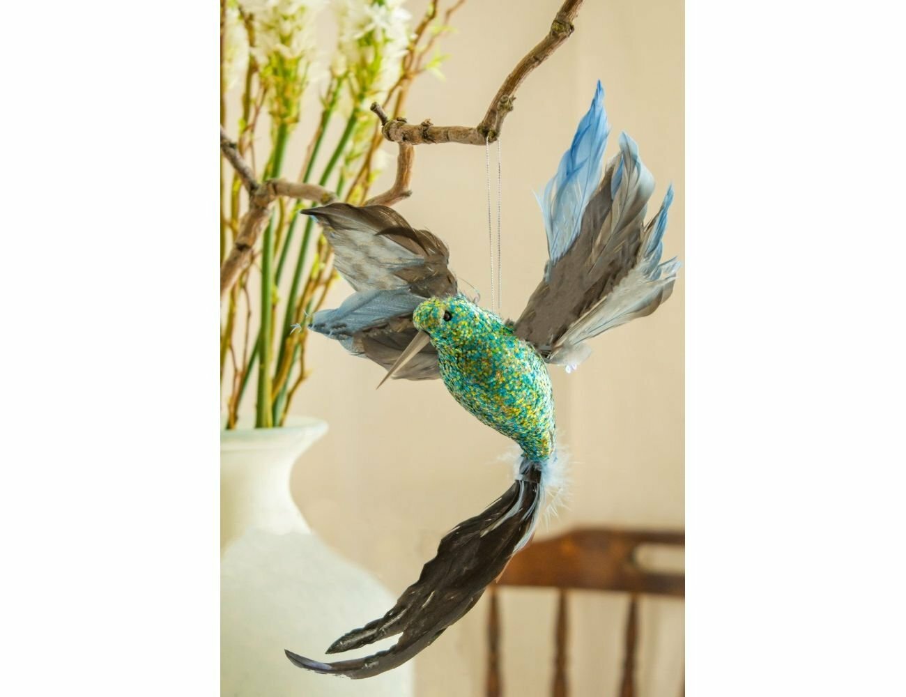 Елочная игрушка колибри этансель, перо, синяя, 23 см, Koopman International HC4503210-2