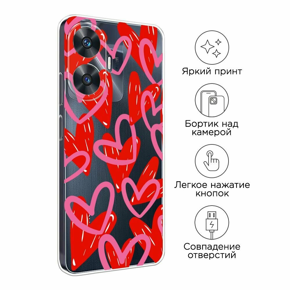 Чехол на Realme C55 / Реалми C55 с принтом "Hearts doodles - 14 февраля", прозрачный — фото 1