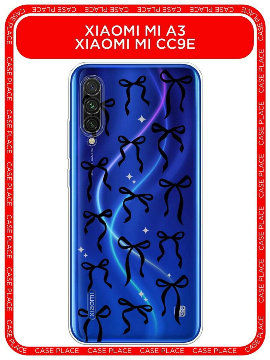 Чехол на Xiaomi Mi CC9E/Mi A3 / Сяоми Mi CC9E/Mi A3 с принтом "Black bows", прозрачный