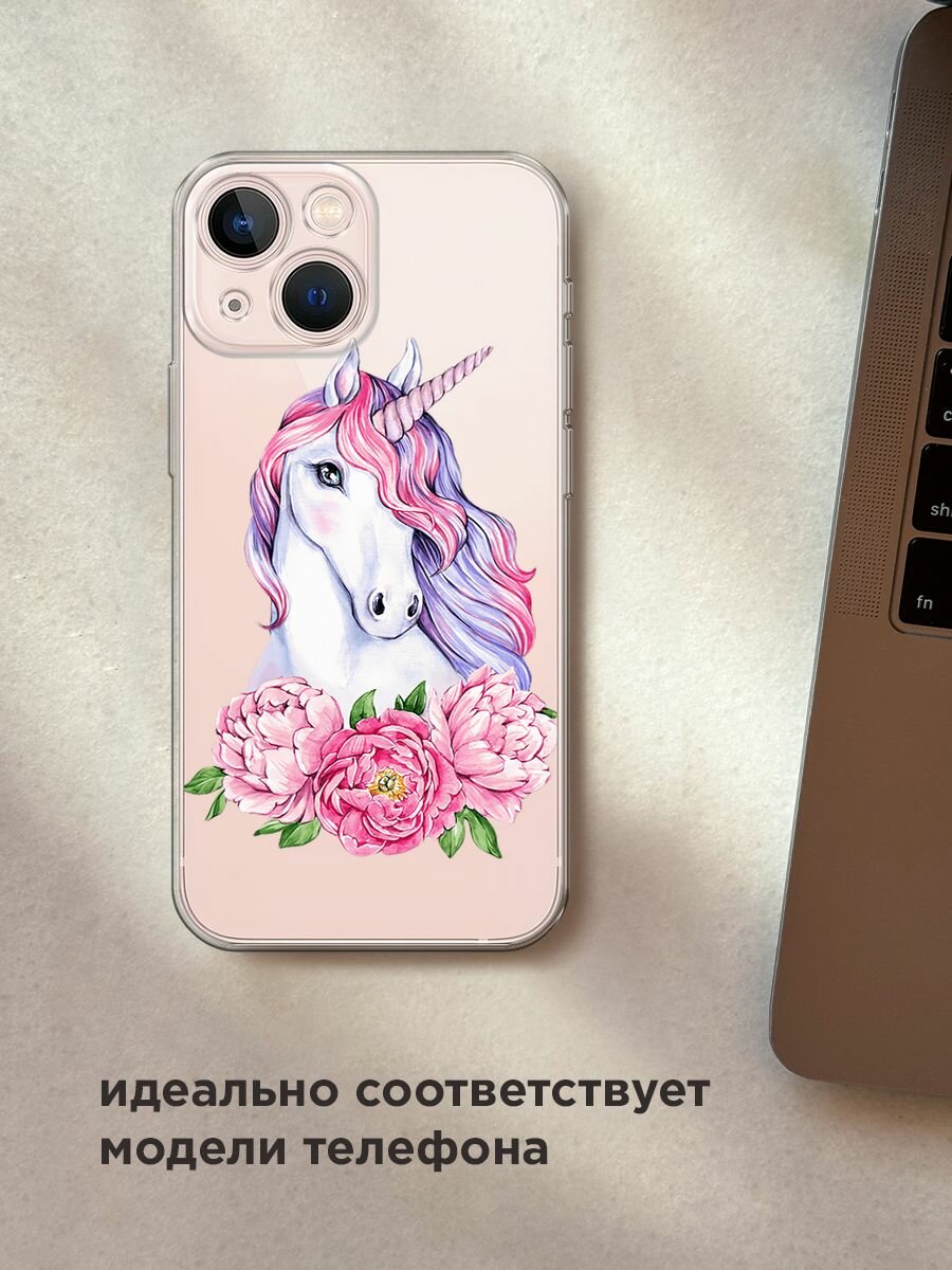 Чехол на Apple iPhone 13 mini / Айфон 13 мини с принтом "Единорог с пионами", прозрачный — фото 1