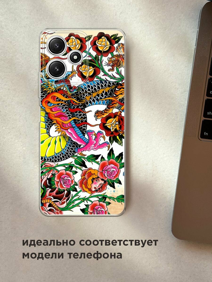 Чехол на Xiaomi Redmi 12 / Сяоми Редми 12 с принтом "Дракон в цветах" — фото 1