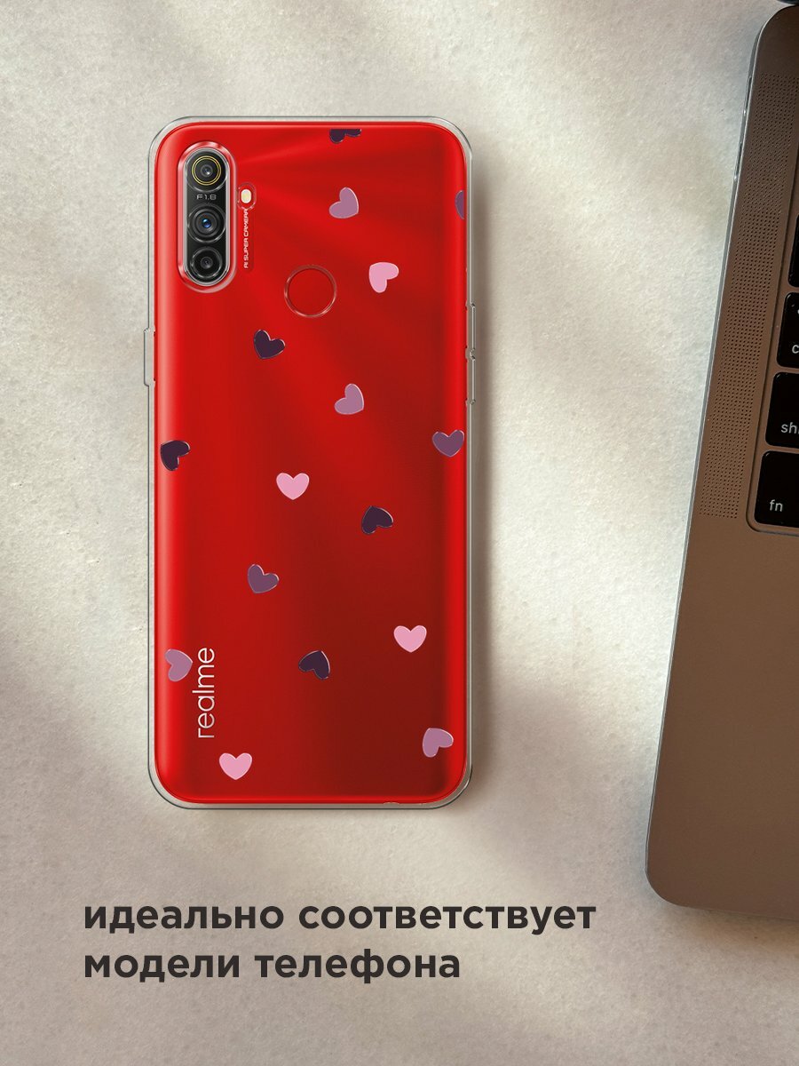 Чехол на Realme C3 / Реалми C3 с принтом "Фиолетовые и розовые сердечки 1" — фото 1