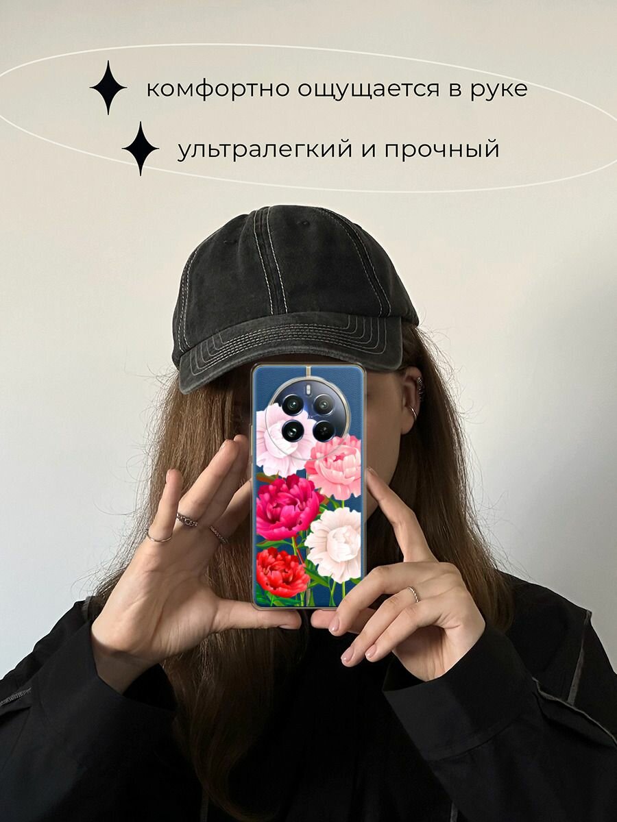 Чехол на Realme 12 Pro / Реалми 12 Про с принтом "Большие пионы", прозрачный — фото 1