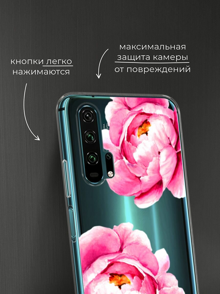 Чехол на Honor 20 Pro / Хонор 20 Про с принтом "Open peonies", прозрачный — фото 1