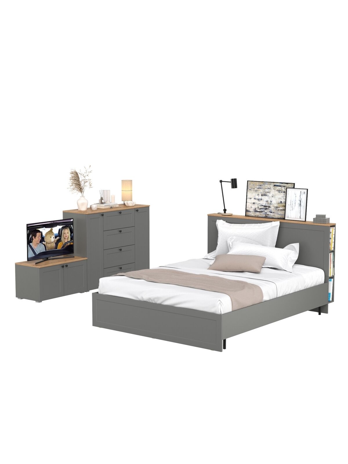 Кровать Остин со спальным местом 1600 с основанием с тумбой с дверками и комодом 16.221, серый графит/дуб крафт