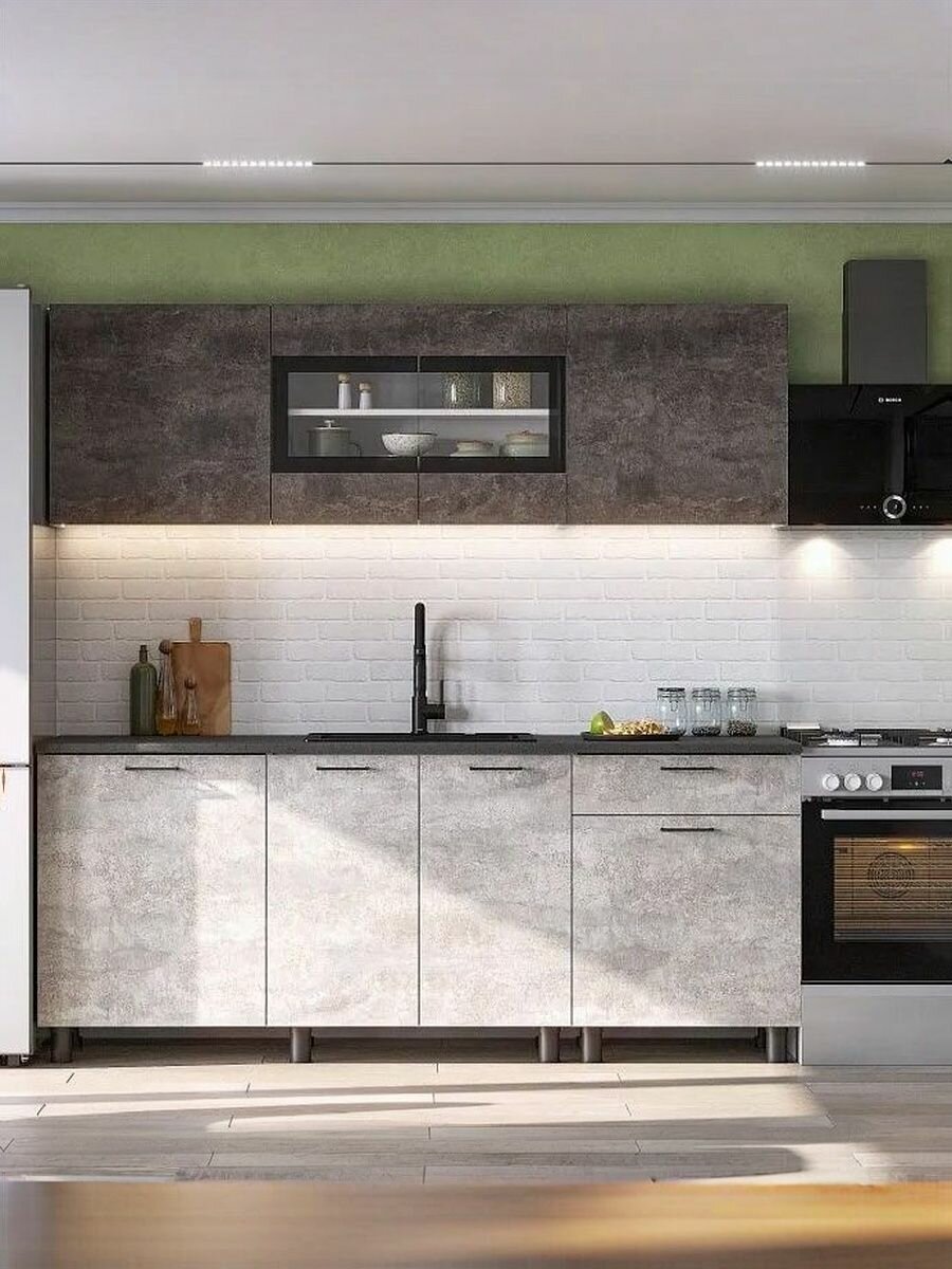 Кухонный гарнитур 2 метра, Цемент темный/Цемент светлый