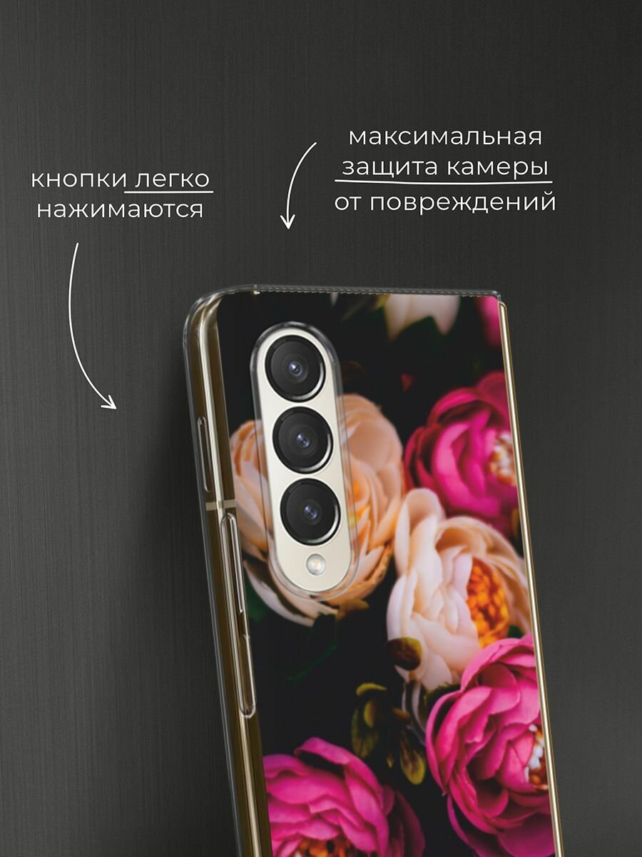 Чехол на Samsung Galaxy Z Fold 4 / Самсунг Галакси Зет Фолд 4 с принтом "Розовые пионы на черном" — фото 1