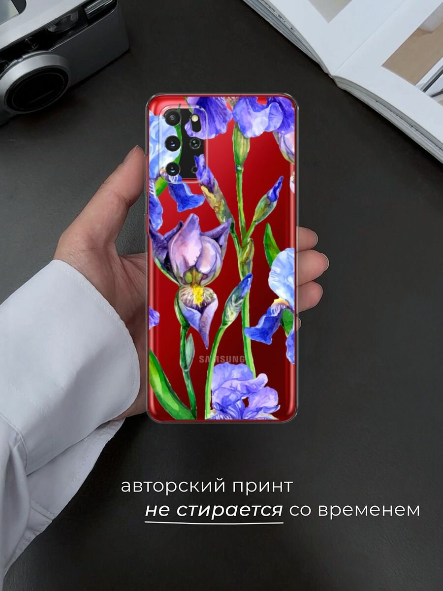 Чехол на Samsung Galaxy S20 + / Самсунг Галакси S20 Плюс с принтом "Синие ирисы", прозрачный — фото 1