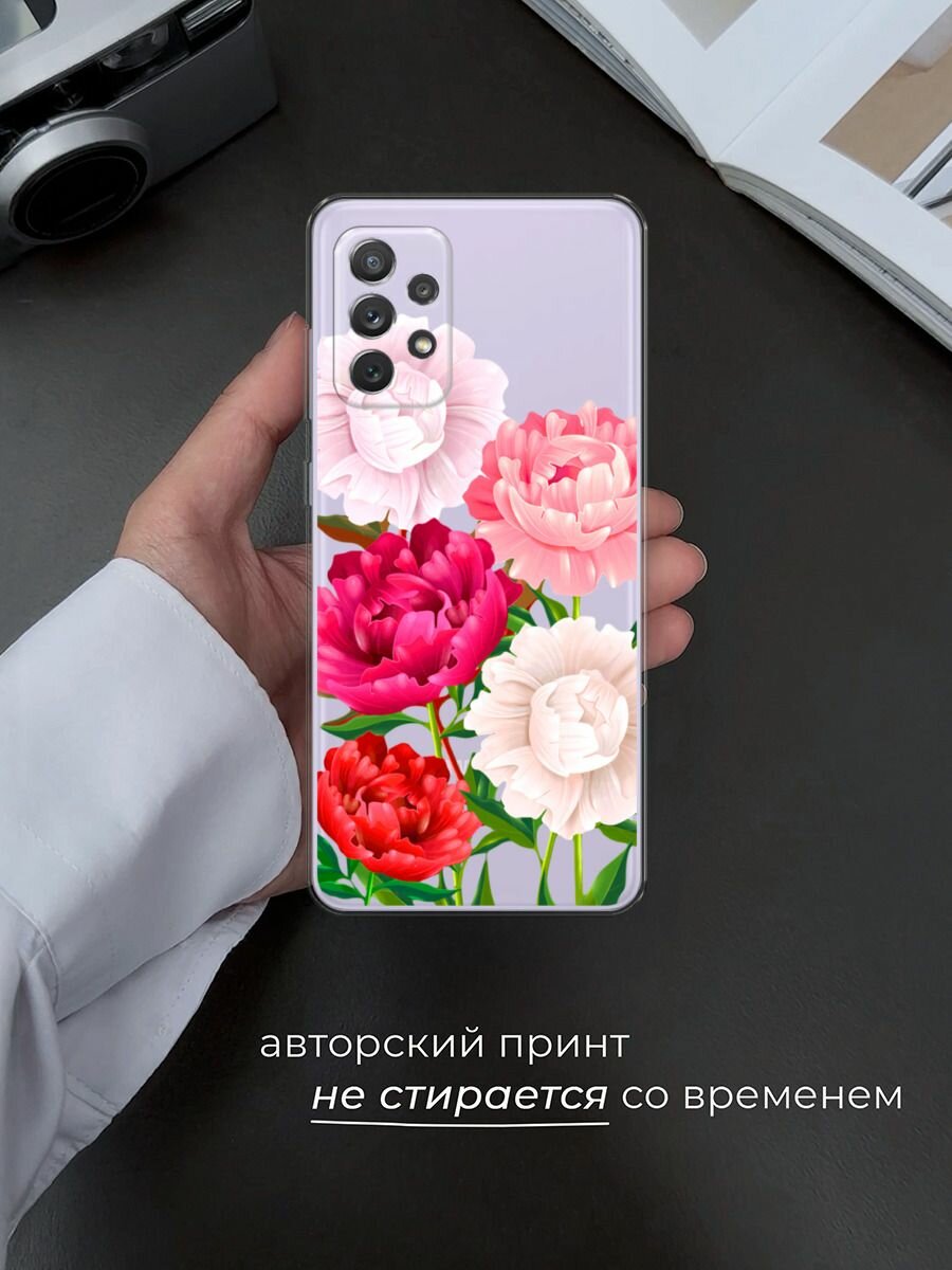 Чехол на Samsung Galaxy A73 / Самсунг Галакси А73 с принтом "Большие пионы", прозрачный — фото 1