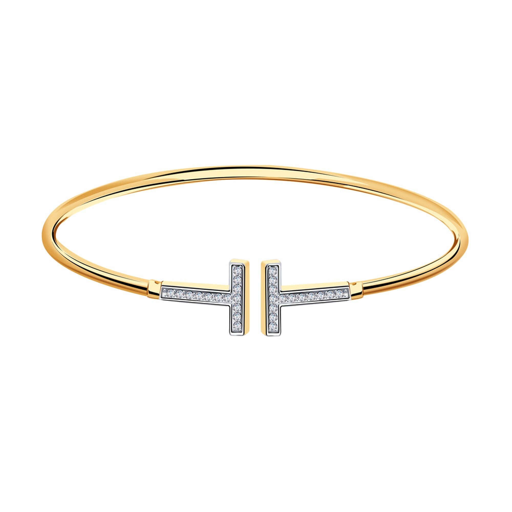 Жесткий браслет, красное золото, 585 проба, фианит