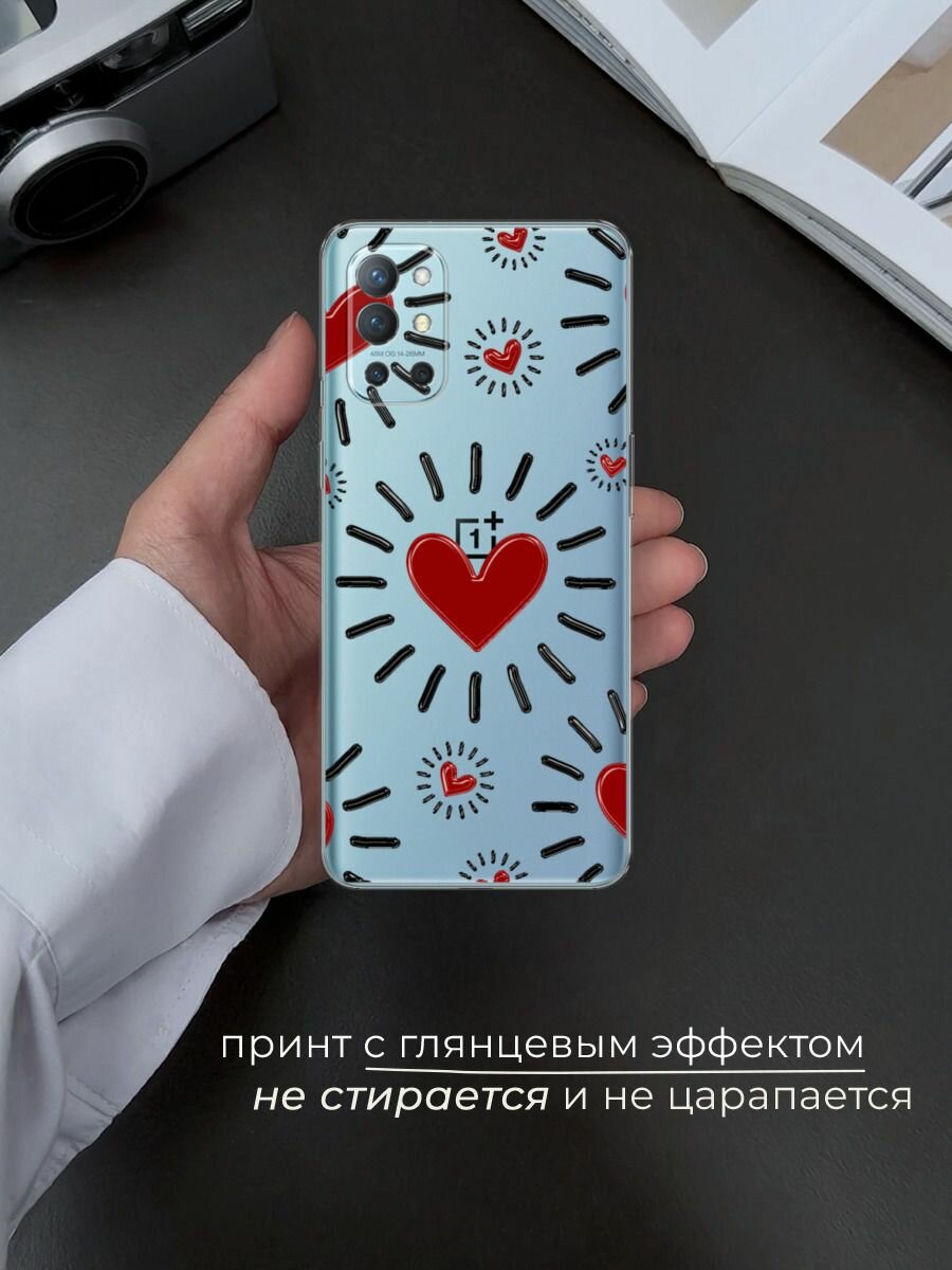 Чехол на OnePlus 9R / ВанПлас 9R с принтом "Бордовые сердца паттерн" — фото 1