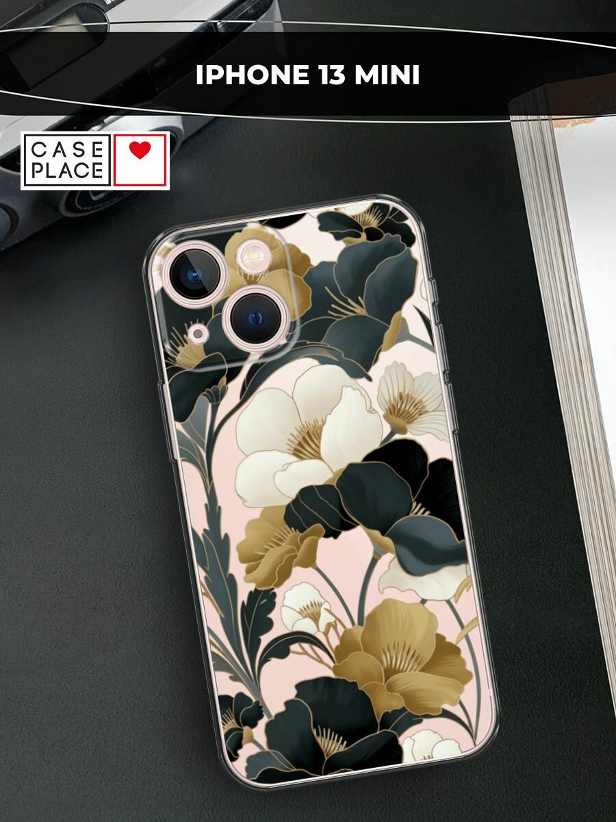 Чехол на Apple iPhone 13 mini / Айфон 13 мини с принтом Золотые цветы
