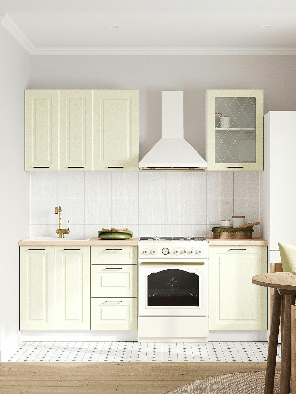 Кухонный гарнитур Шервуд 1.5 м, мебель для дома и кухни, Белый / Дуб кремовый матовый со стеклом