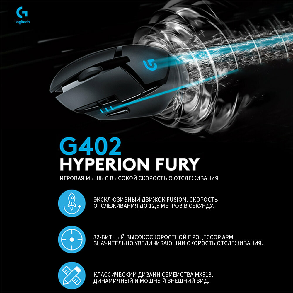 Проводная игровая мышь Logitech G402 Hyperion Fury, 4000 DPI, 8 программируемых кнопок - черный