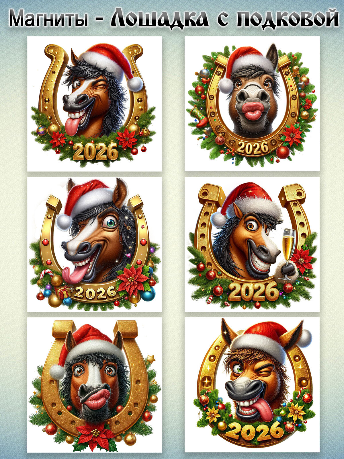 Магниты новогодние "Лошадка с подковой", 6 штук