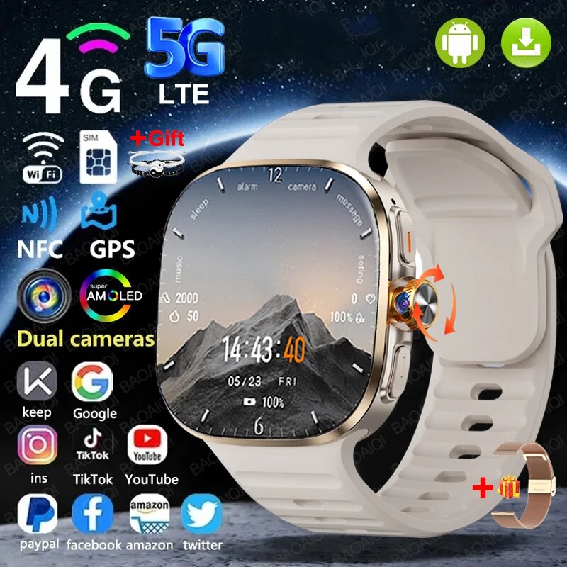 Белый Smartwatch Android 10, 2.4", 16GB/256GB, Mesh belt gold