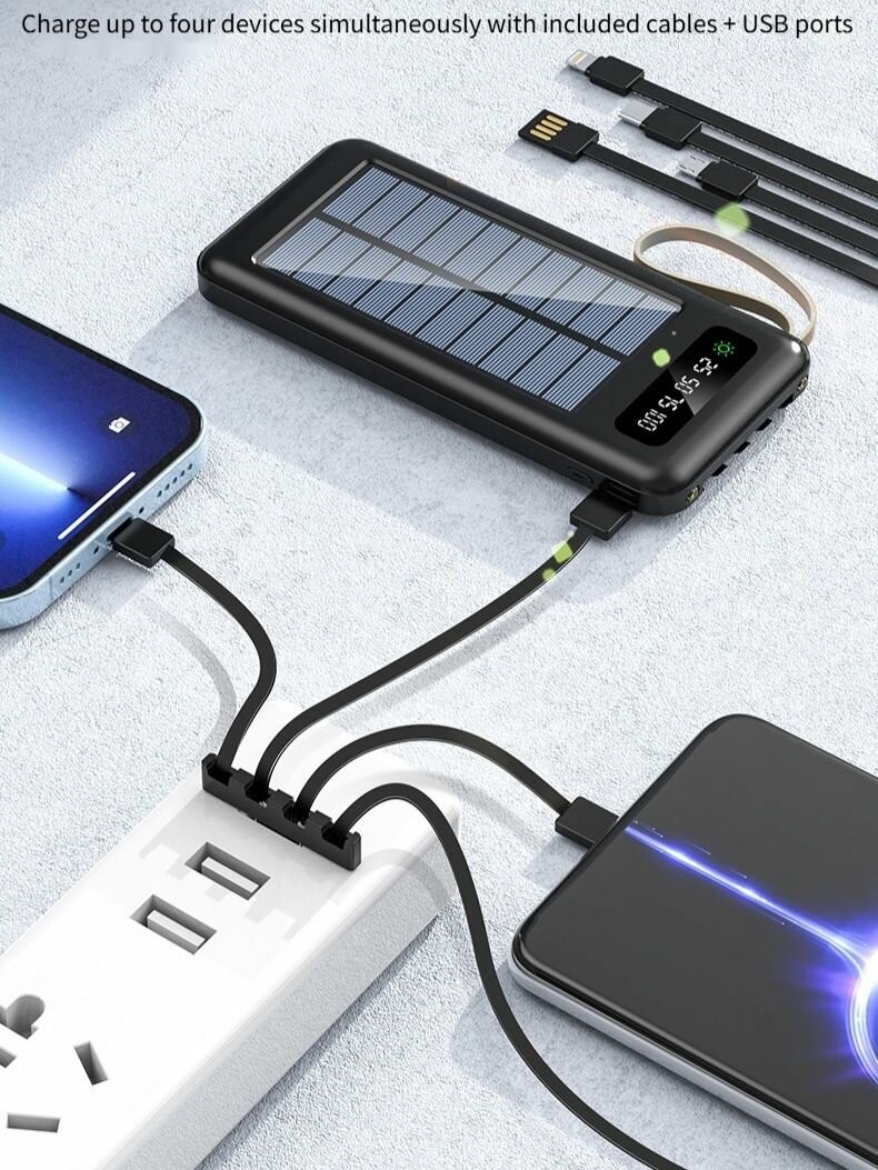 Солнечный Power Bank с кабелем 4-в-1, LED светильником и подставкой Портативное зарядное устройство для кемпинга, улицы, аварийных ситуаций Быстрая зарядка 4 устройств одновременно