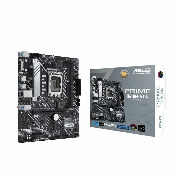 Материнская плата ASUS PRIME H610M-A D4-CSM, LGA1700, mATX, 2xDDR4, VGA, HDMI, DP, 2xM.2, LAN 1Gb