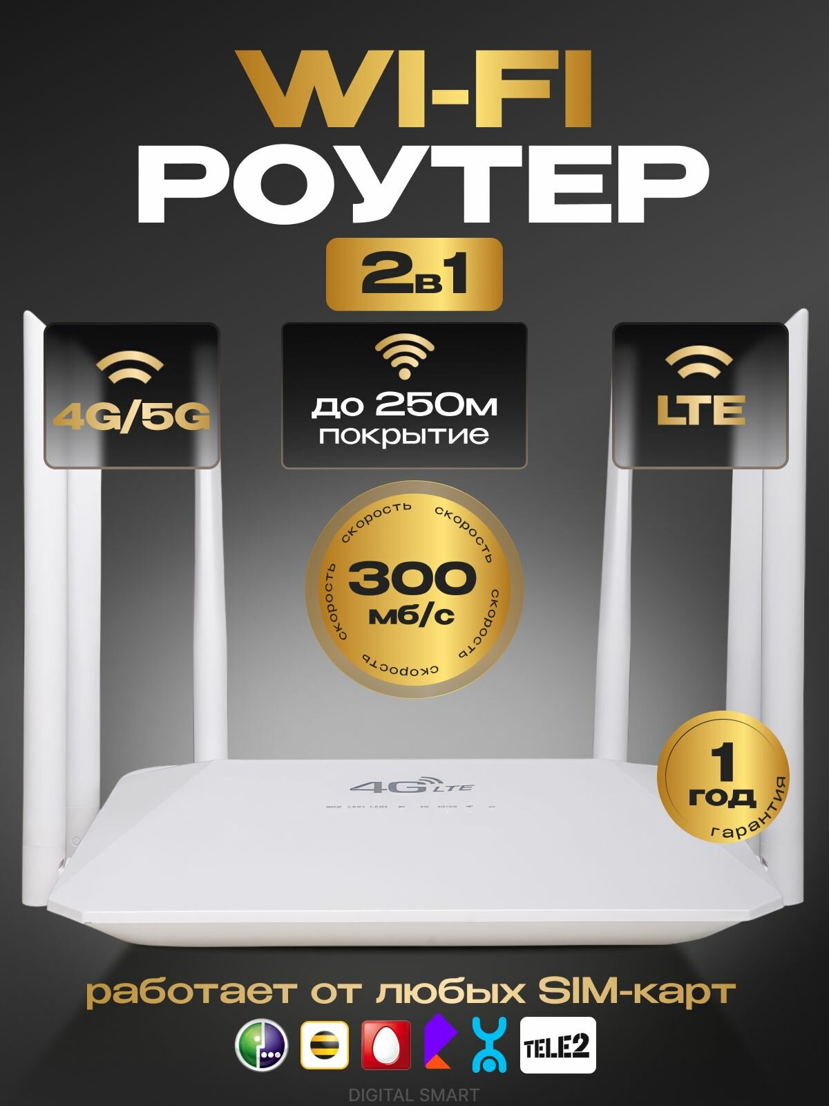 Роутер WIFI 6 с сим картой 4G/5G, скорость до 300 Мбит/с, покрытие до 200 метров, до 48 устройств