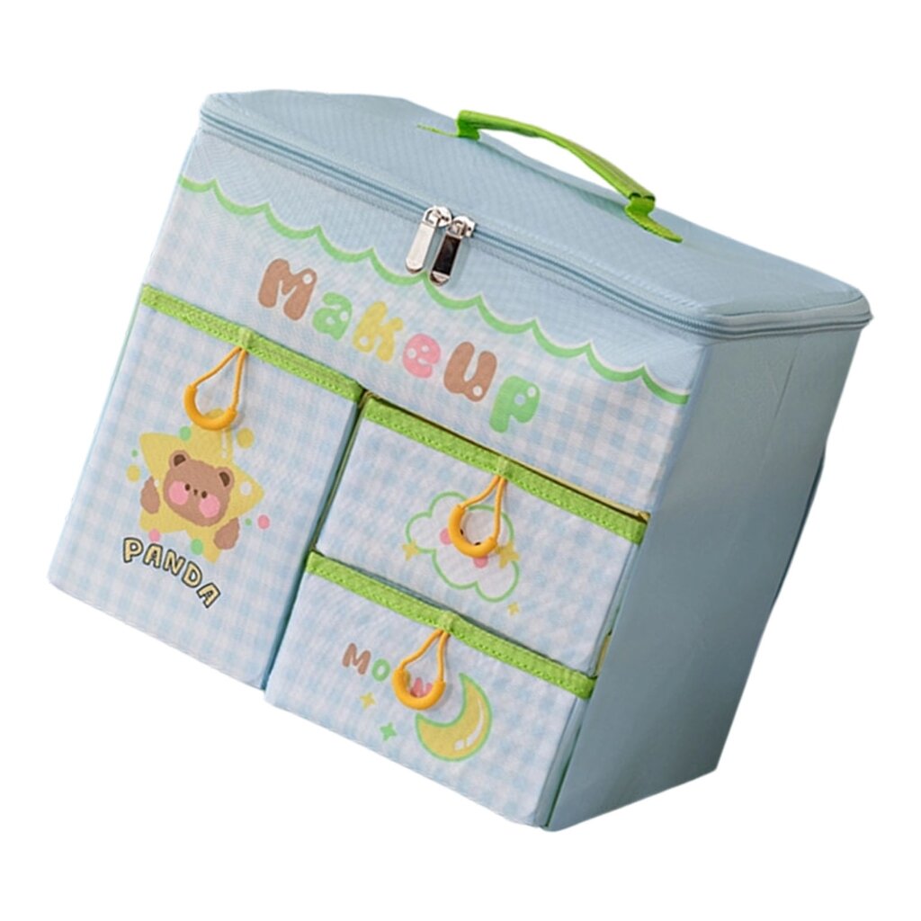 Складная косметичка, коробка для хранения косметики, многослойная шкатулка для драгоценностей с несколькими перегородками, выдвижная коробка для хранения-Blue grid bear