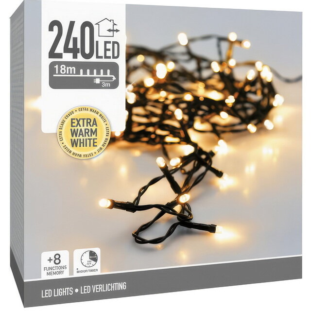 Светодиодная гирлянда Koopman Comfort 18 м, 240 экстра теплых белых LED ламп, зеленый ПВХ, контроллер, таймер, IP44, Koopman (Купман), AX8453140