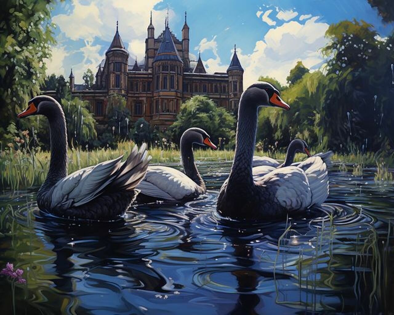 Картина по номерам на подрамнике 40*50 см "Черные лебеди у замка"