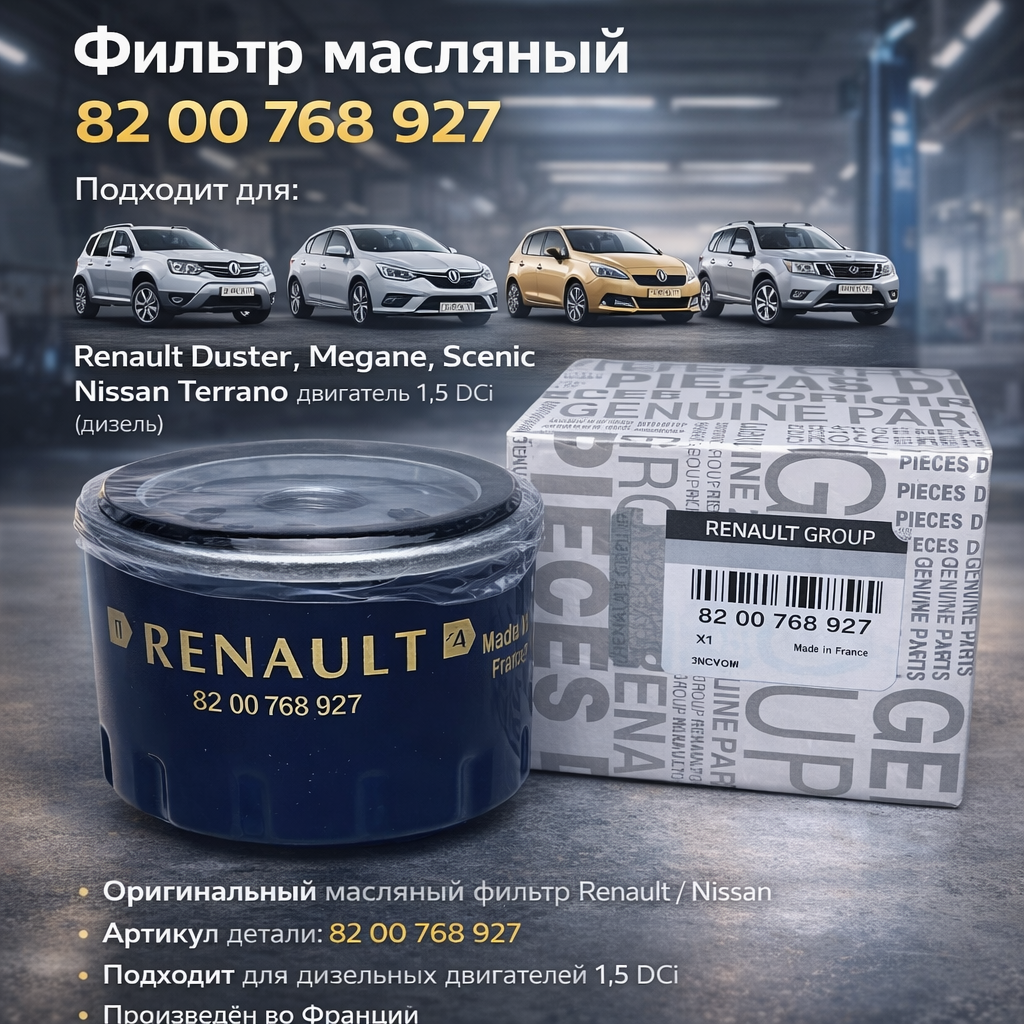 Фильтр масляный 8200768927 – Renault Duster, Megane, Scenic, Nissan Terrano, двигатель 1.5 dCi (дизель)
