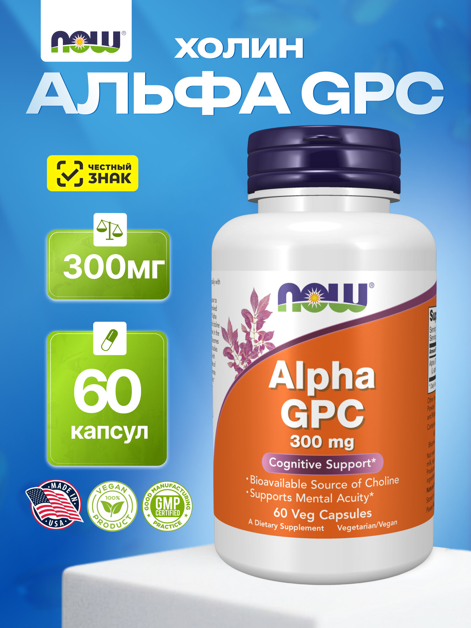 NOW Alpha GPC, Альфа ГФХ 300 мг, поддержка когнитивных функций 60 капсул