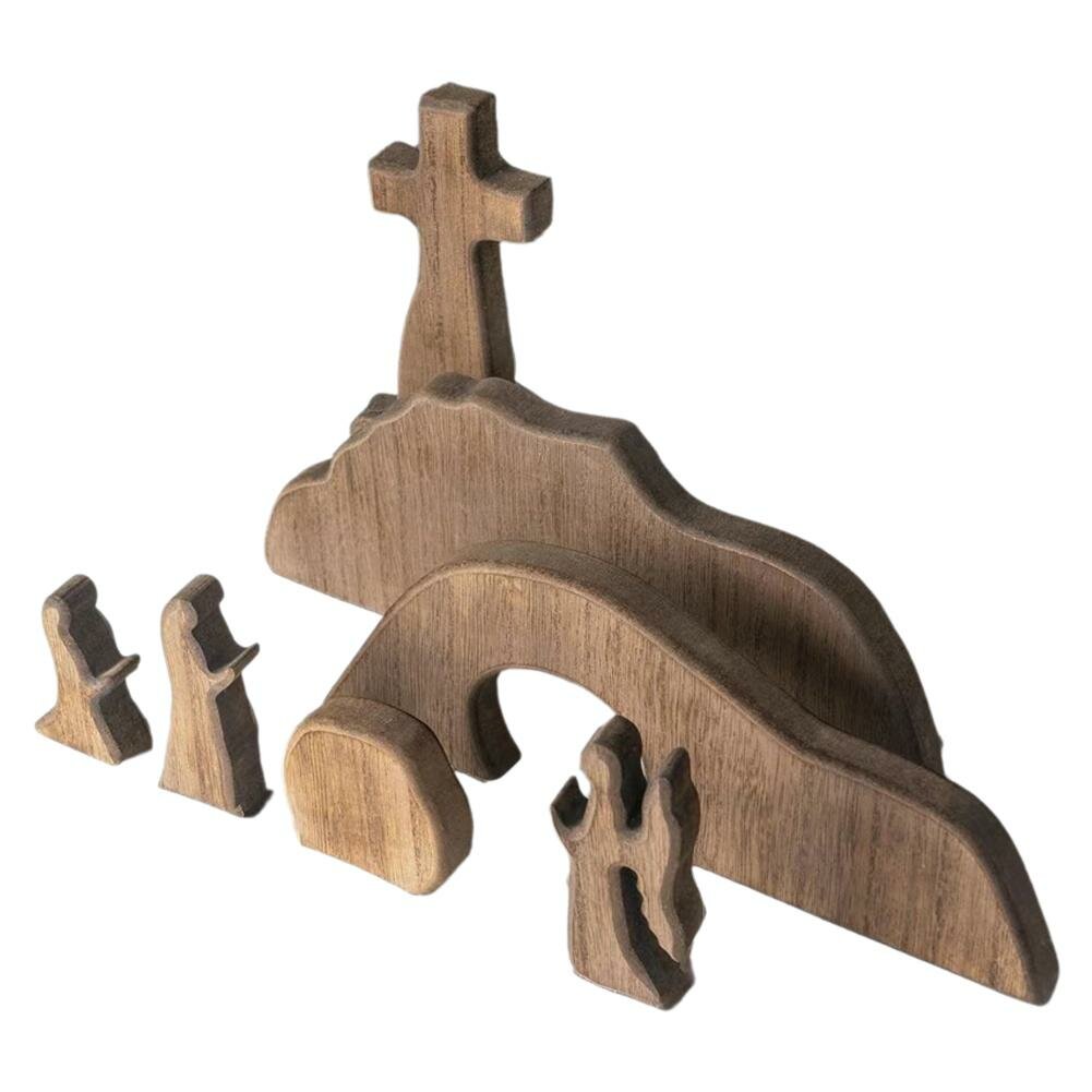 Пасхальная композиция «Пустая гробница» с крестом, деревянная композиция «Воскресение Христово», подарок ручной работы на Пасху, «Он воскрес», настольная композиция.