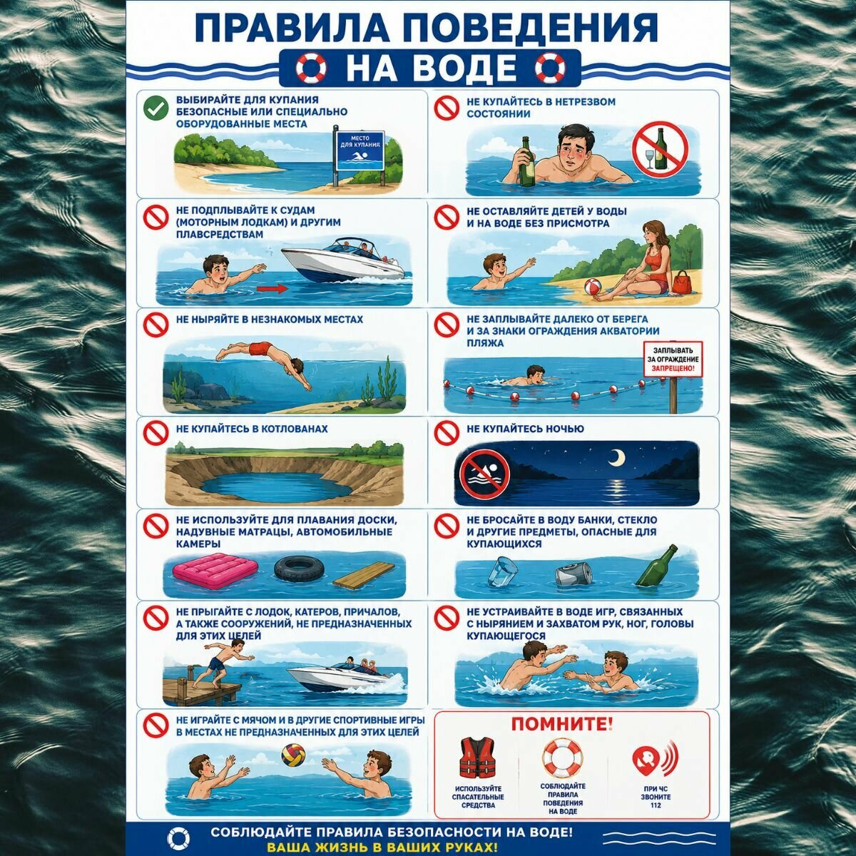 Плакат Правила поведения на воде А3 самоклеящийся глянцевый
