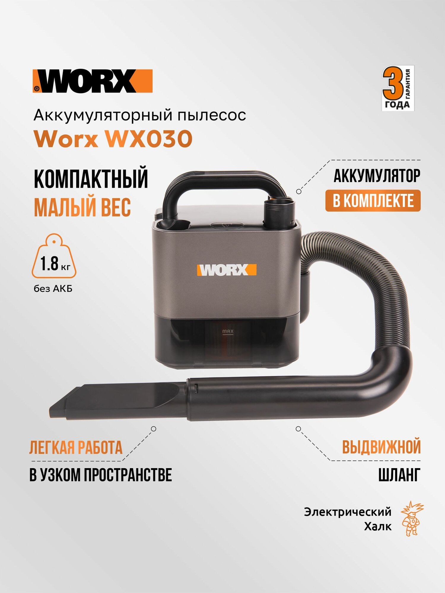 Аккумуляторный пылесос Worx Cubevac WX030 20В, АКБ 2Ач + ЗУ 2А
