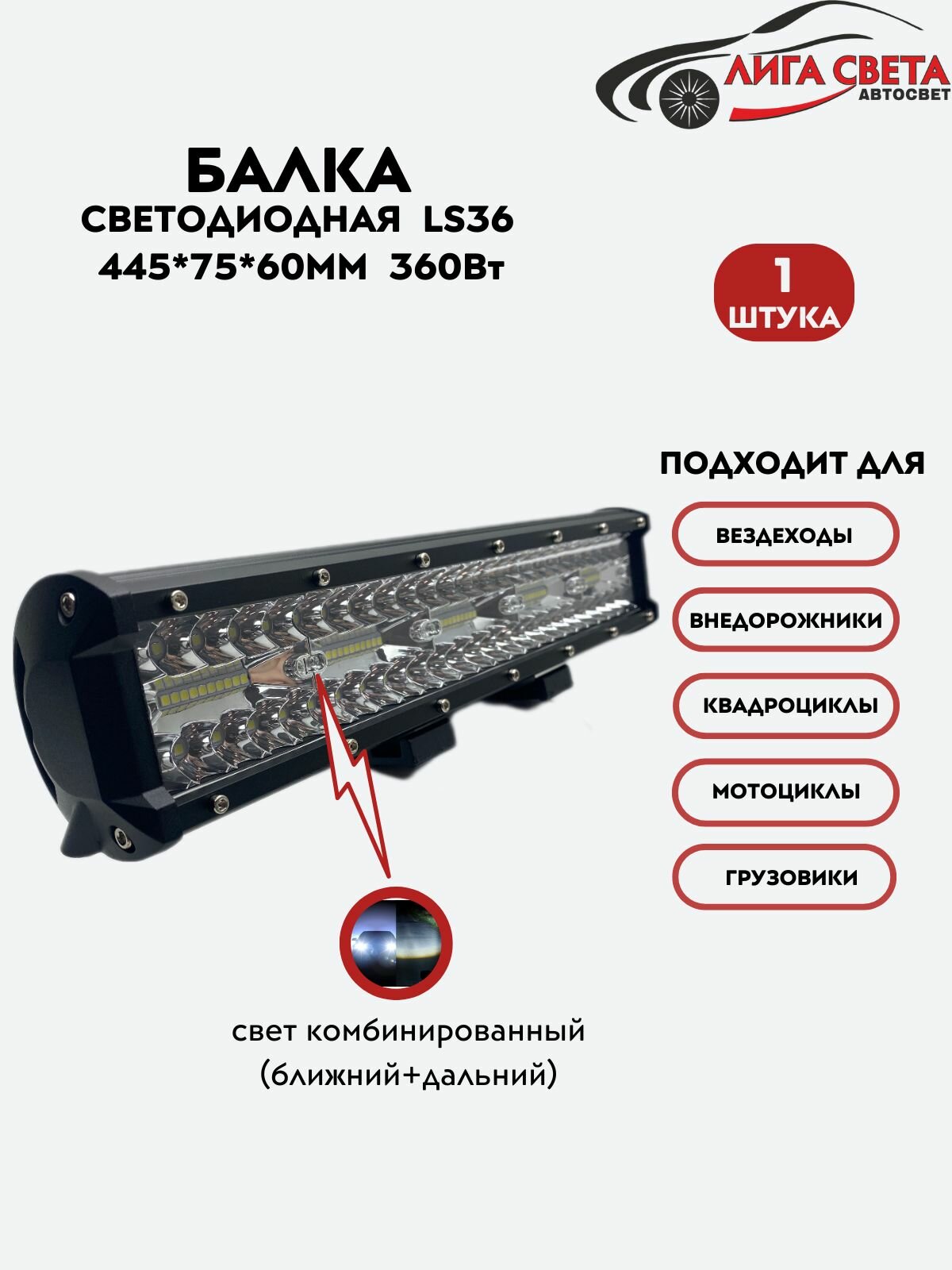 Балка светодиодная (Противотуманная фара) LS36 1шт. / 360Вт / Комбинированный свет / 12-24В / 445*75*60ММ.