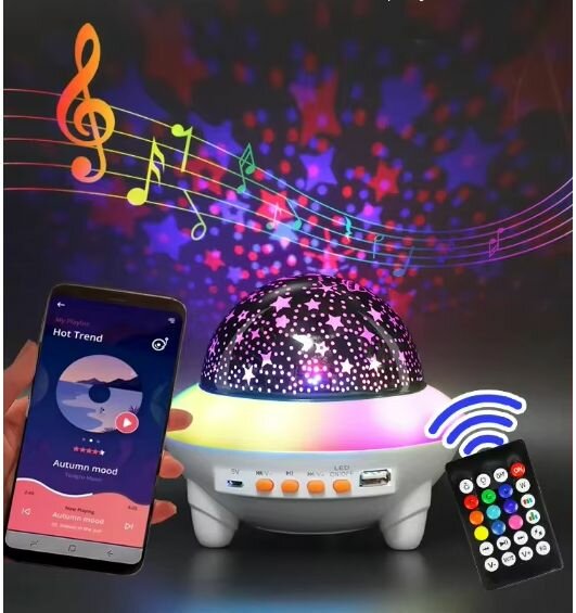 Свето-музыкальная беспроводная Bluetooth колонка, диско шар, ночник, проектор звездного неба НЛО UFO-7 летающая тарелка