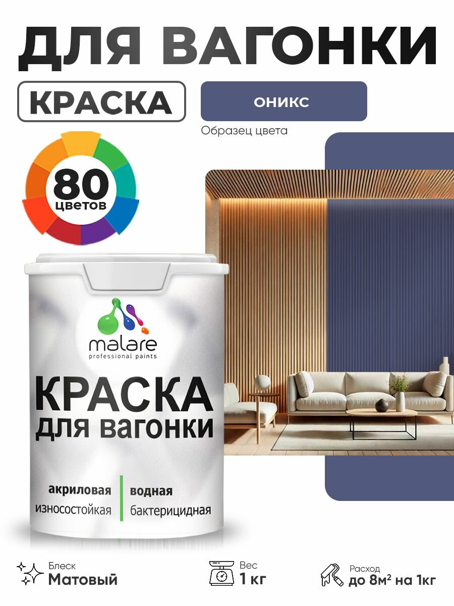 Акриловая краска для вагонки Malare для дерева, для фасадов и интерьера с антисептическим эффектом, быстросохнущая, без запаха, матовая, оникс, 1 кг