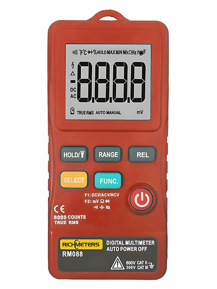 Цифровой мультиметр RichMeters RM088 Red, 1 х CR2032, 3V, Автоматический, Ручной