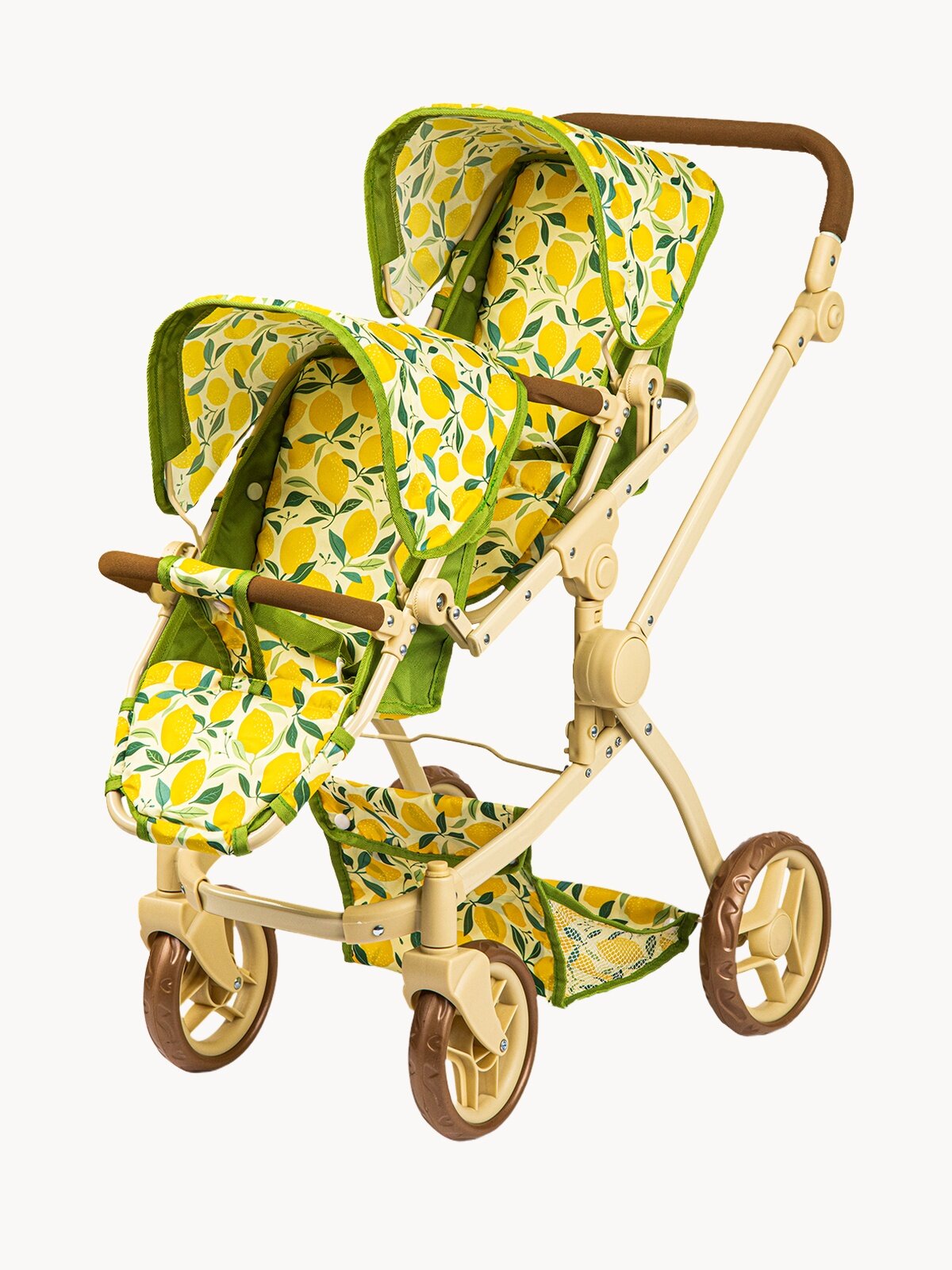 Коляска для двух кукол 50 см Трансформер желто-зеленая Лимоны металлическая с корзиной