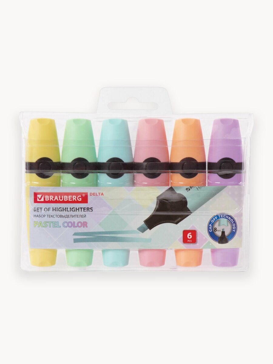 Маркер-текстовыделитель (для выделения текста) Brauberg "Delta Pastel", набор из 6 штук, ассорти цветов, линия 1-5 мм, 151736