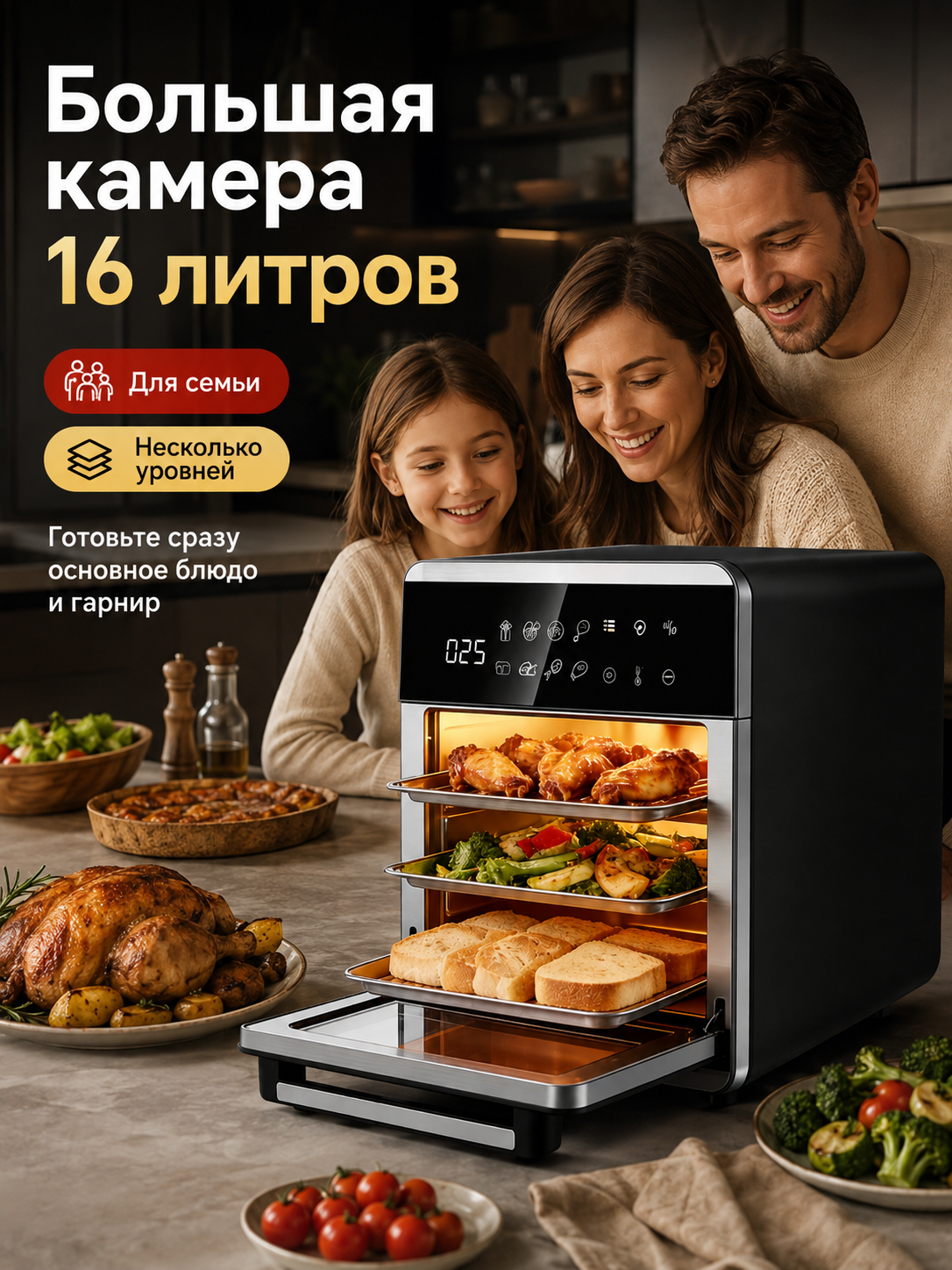 Аэрогриль, электрический, многофункциональный, антипригарное покрытие, 16 л